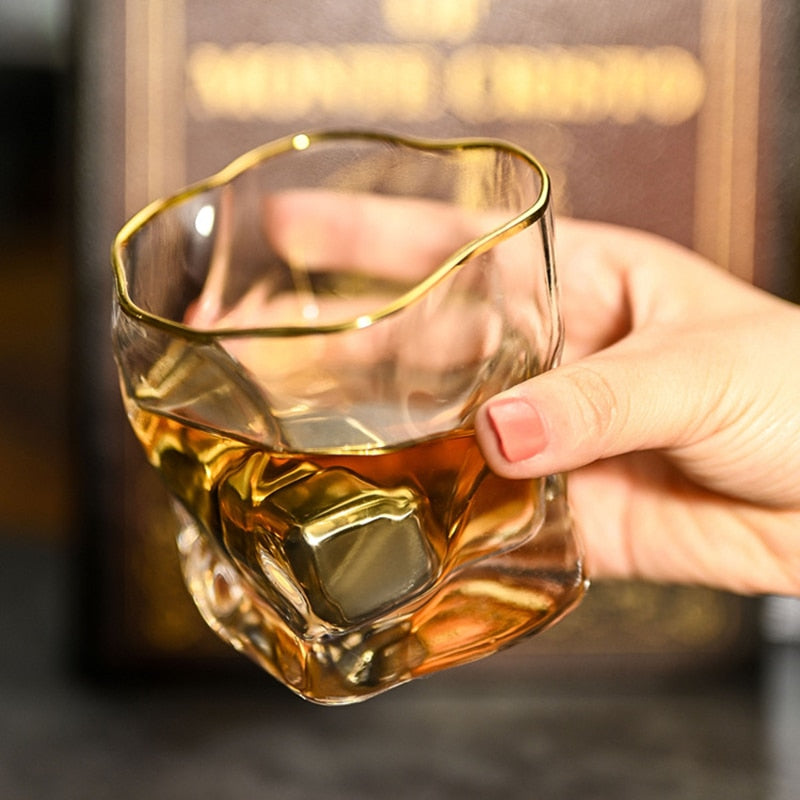 Crumple Whiskey Glass with Golden Rim - Unique Design | Glasscias