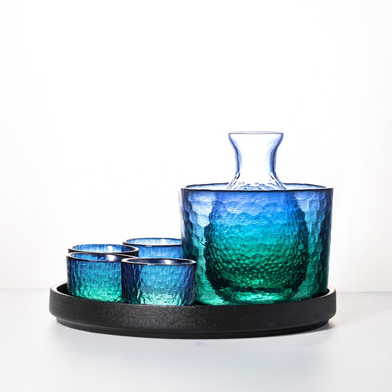 Sake Set with Sake Warmer - Coral Blue Transparent | Glasscias