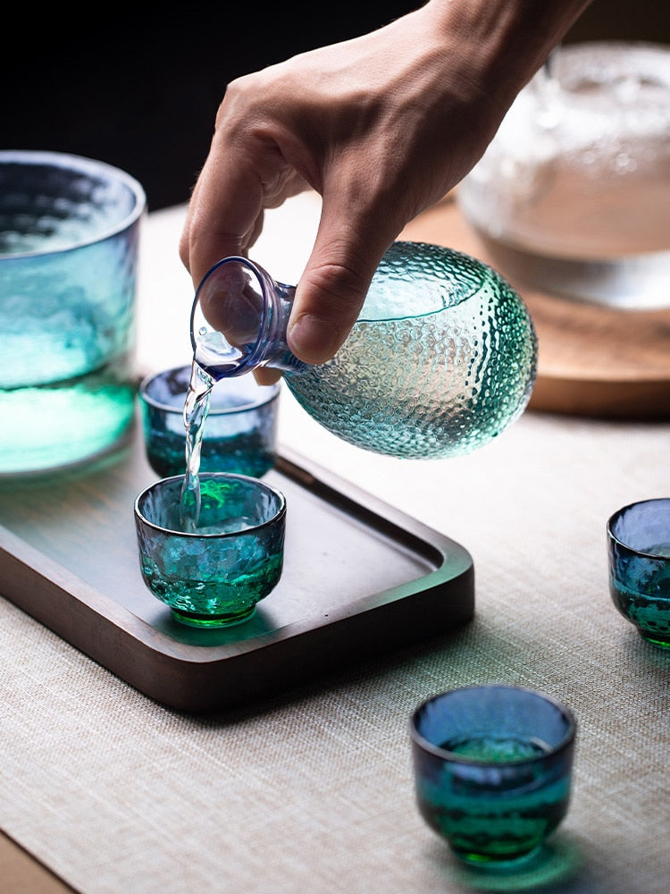 Sake Set with Sake Warmer - Coral Blue Transparent | Glasscias